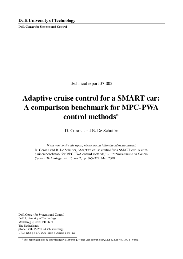 (PDF) Adaptive Cruise Control for a SMART Car: A Comparison Benchmark for MPC-PWA Control Methods