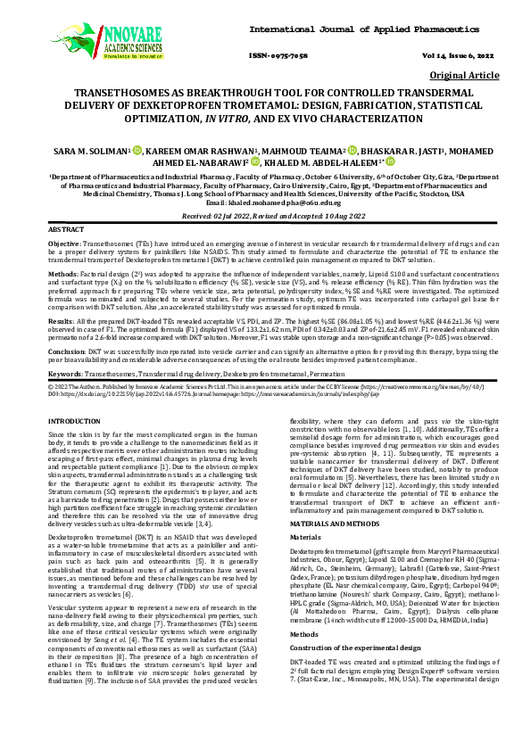 (PDF) TRANSETHOSOMES AS BREAKTHROUGH TOOL FOR CONTROLLED TRANSDERMAL ...