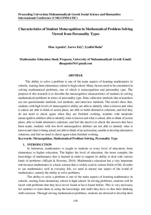 (PDF) Characteristics of Student Metacognition in Mathematical Problem Solving Viewed From ...