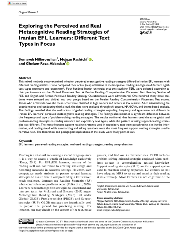 Pdf Exploring The Perceived And Real Metacognitive Reading Strategies Of Iranian Efl Learners