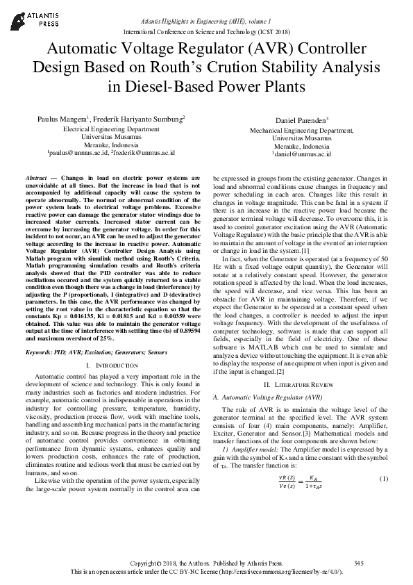 (PDF) Automatic Voltage Regulator (AVR) Controller Design Based on Routh’s Crution Stability ...