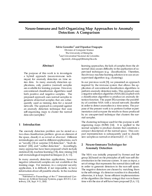 Pdf Neuro Immune And Self Organizing Map Approaches To Anomaly Detection A Comparison Fabio 