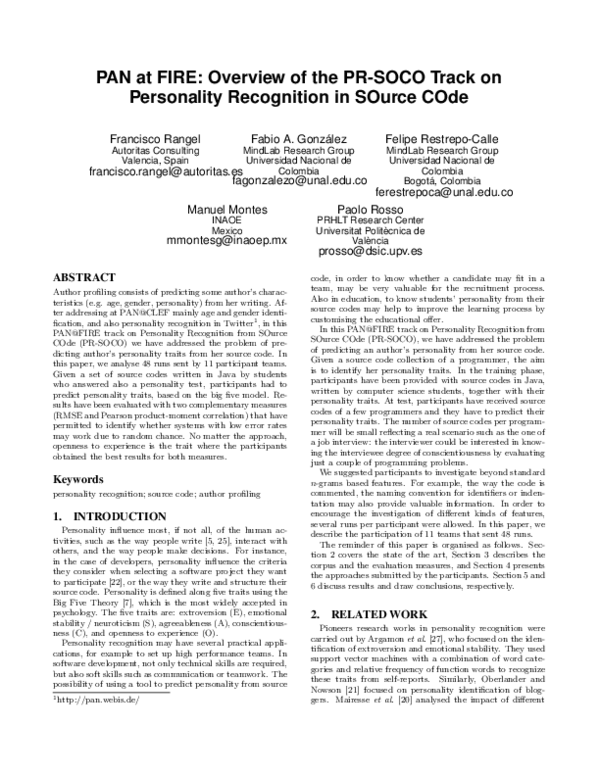 (PDF) PAN@FIRE: Overview of the PR-SOCO Track on Personality Recognition in SOurce COde