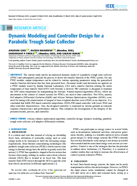 Pdf Dynamic Modeling And Controller Design For A Parabolic Trough