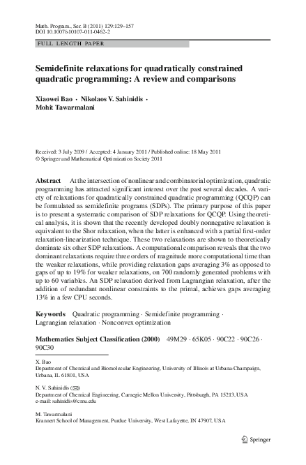 Pdf Semidefinite Relaxations For Quadratically Constrained Quadratic Programming A Review And 