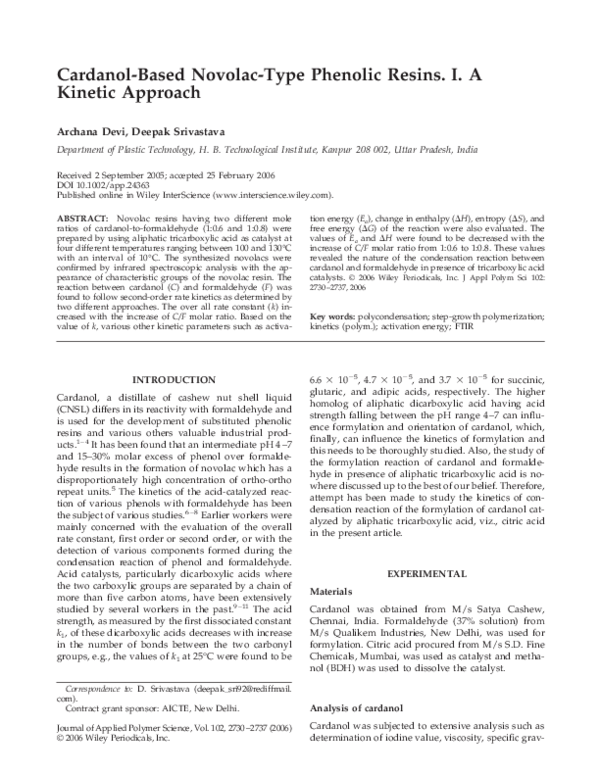 (PDF) Cardanol-based novolac-type phenolic resins. I. A kinetic approach