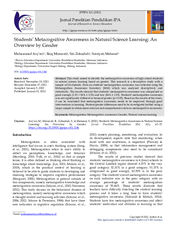 (PDF) Students’ Metacognitive Awareness in Natural Science Learning: An Overview by Gender