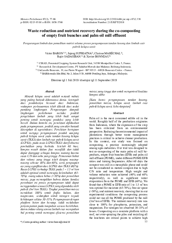 (PDF) Waste reduction and nutrient recovery during the co-composting of empty fruit bunches and ...