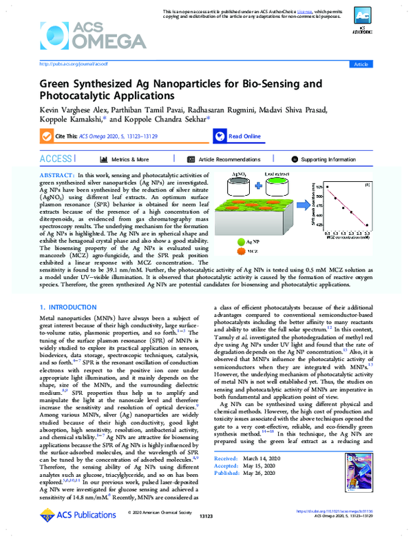 (PDF) Green Synthesized Ag Nanoparticles for Bio-Sensing and Photocatalytic Applications