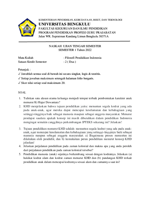 (PDF) UTS Filosofi Pendidikan Indonesia PPG Prajabatan Gelombang 2 UNIB