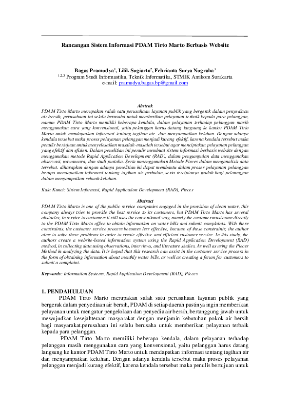(PDF) Rancangan Sistem Informasi PDAM Tirto Marto Berbasis Website