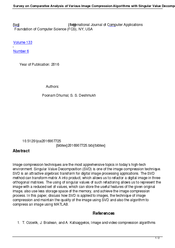 Pdf Survey On Comparative Analysis Of Various Image Compression Algorithms With Singular Value