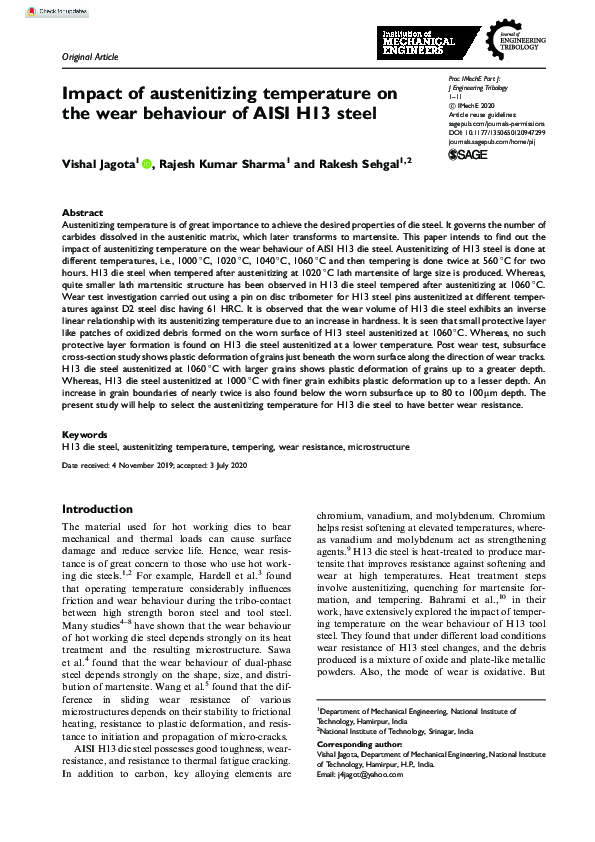 (PDF) Impact of austenitizing temperature on the wear behaviour of AISI H13 steel