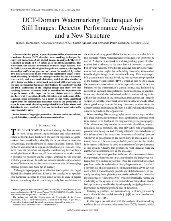 (PDF) DCT-domain watermarking techniques for still images: detector performance analysis and a ...