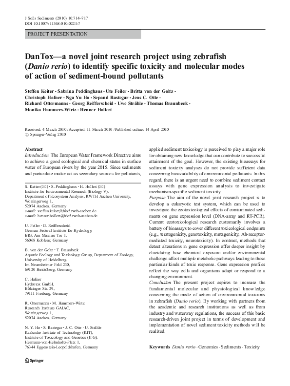 (PDF) DanTox—a novel joint research project using zebrafish (Danio ...