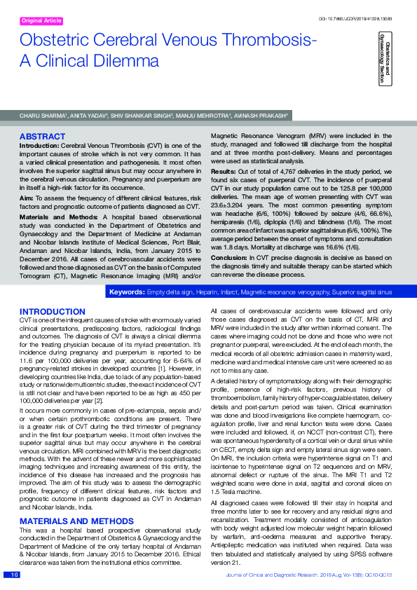 (PDF) Obstetric Cerebral Venous Thrombosis- A Clinical Dilemma