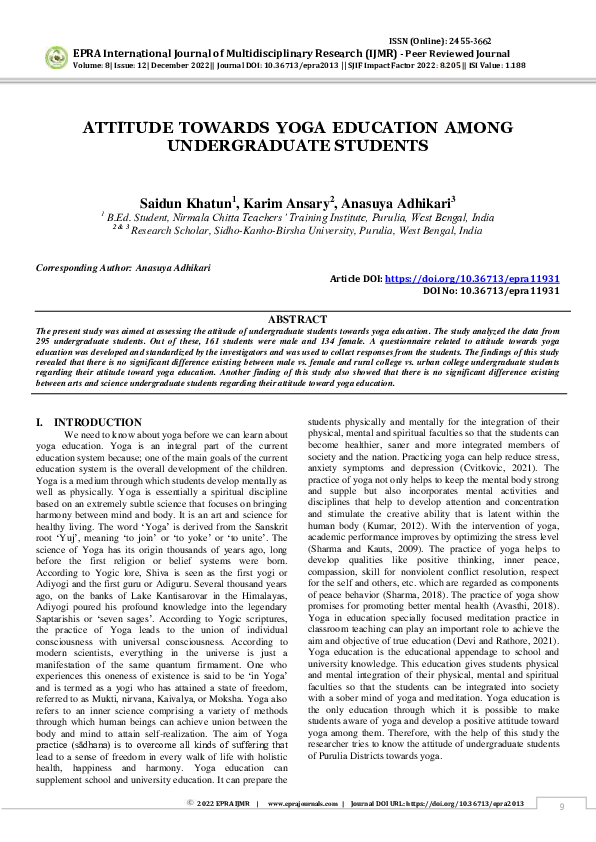 (PDF) ATTITUDE TOWARDS YOGA EDUCATION AMONG UNDERGRADUATE STUDENTS
