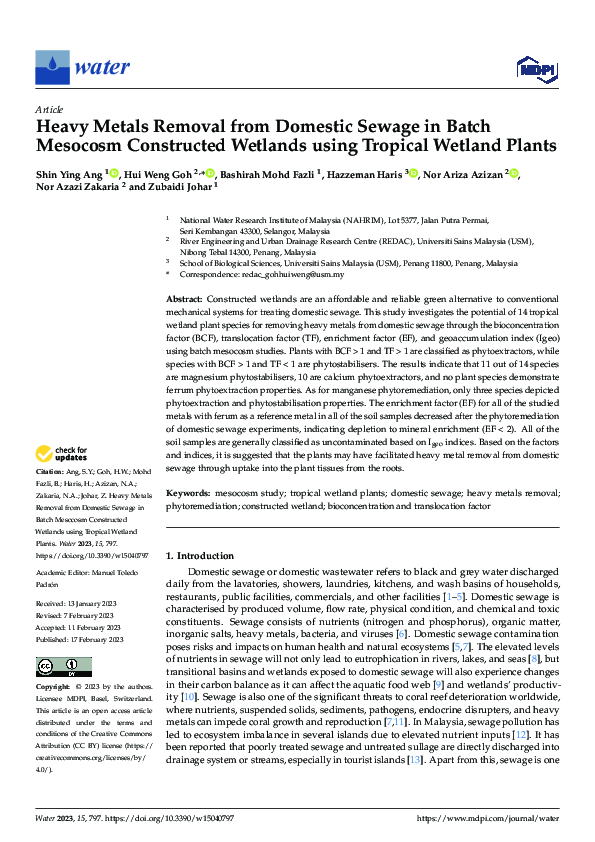 (PDF) Heavy Metals Removal from Domestic Sewage in Batch Mesocosm Constructed Wetlands using ...