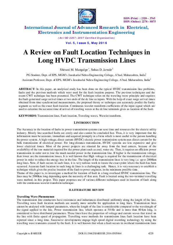 (PDF) A Review on Fault Location Techniques in Long HVDC Transmission Lines