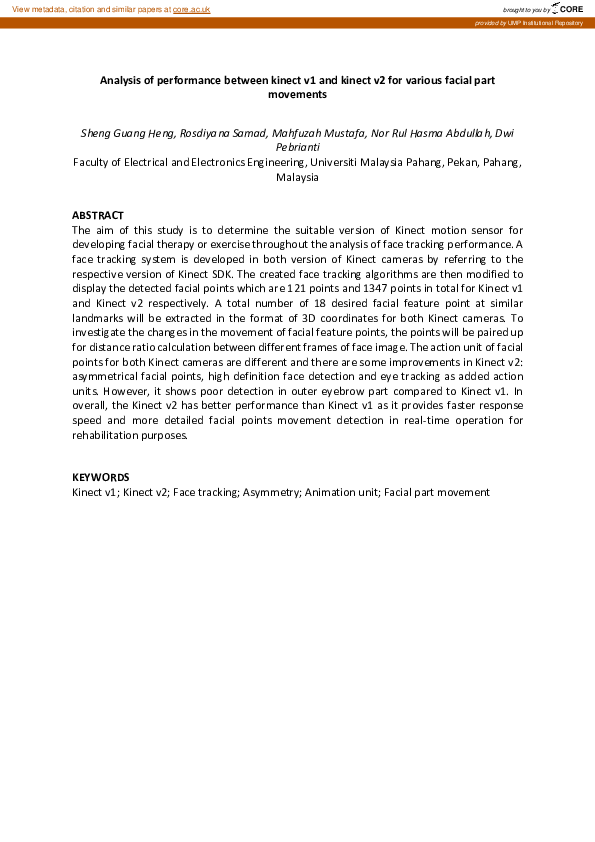 (PDF) Analysis of Performance between Kinect v1 and Kinect v2 for Various Facial Part Movements