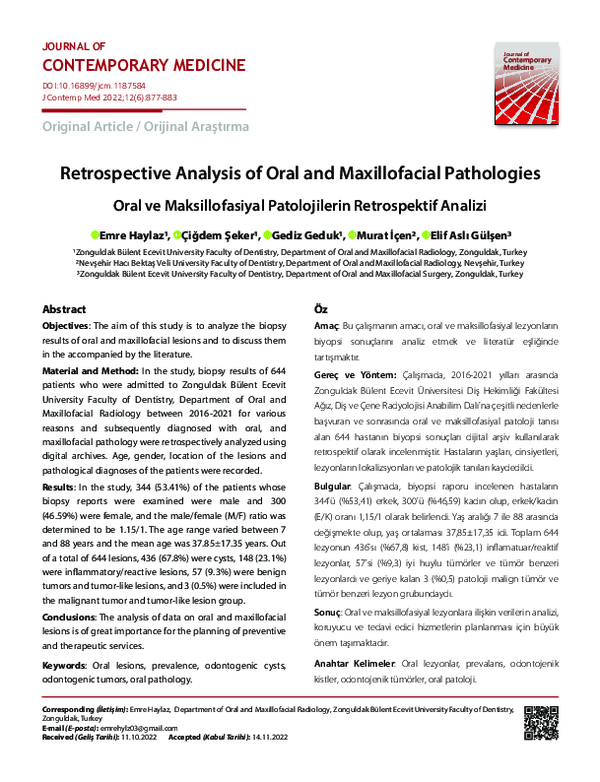 (PDF) Retrospective Analysis of Oral and Maxillofacial Pathologies (PDF) Retrospective Analysis of Oral and Maxillofacial Pathologies