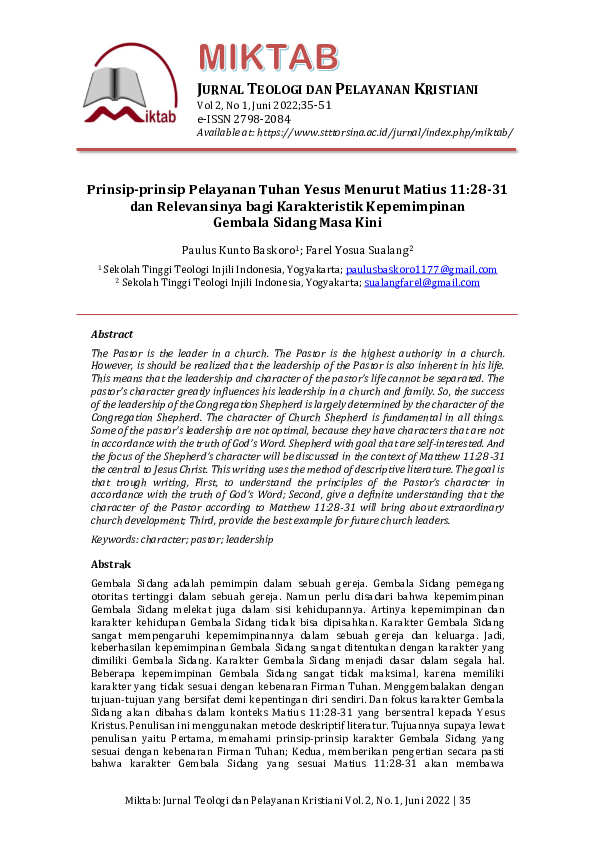(PDF) Prinsip-Prinsip Pelayanan Tuhan Yesus Menurut Matius 11:28-31 dan ...