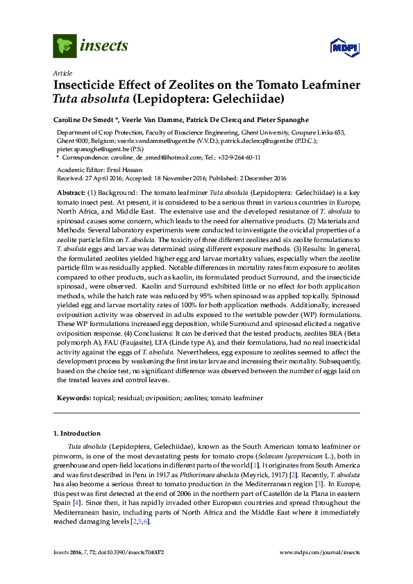(PDF) Insecticide Effect of Zeolites on the Tomato Leafminer Tuta ...