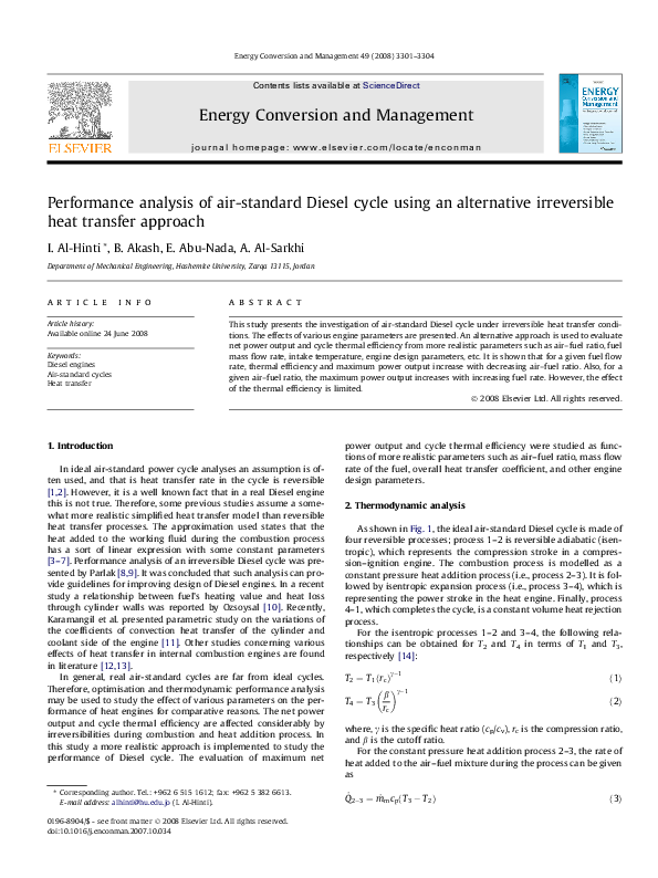 Pdf Performance Analysis Of Air Standard Diesel Cycle Using An Alternative Irreversible Heat