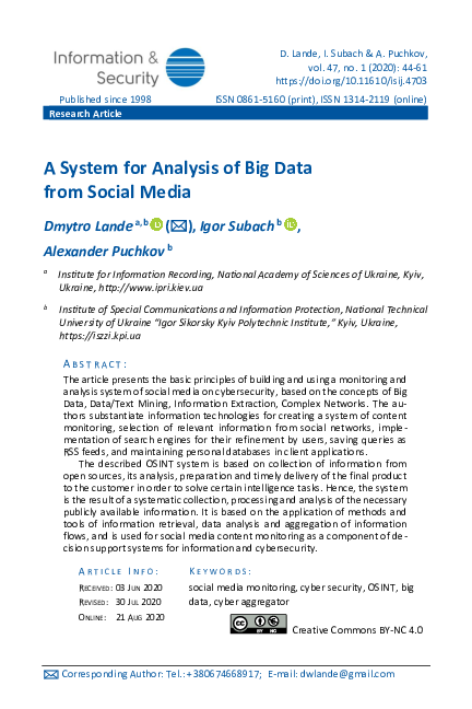 (PDF) A System for Analysis of Big Data from Social Media
