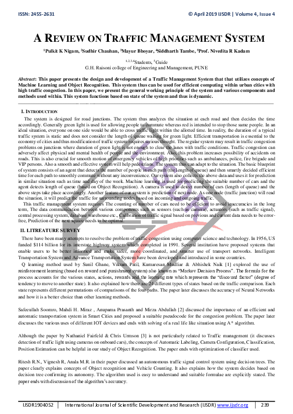 (PDF) A Review on Traffic Management System