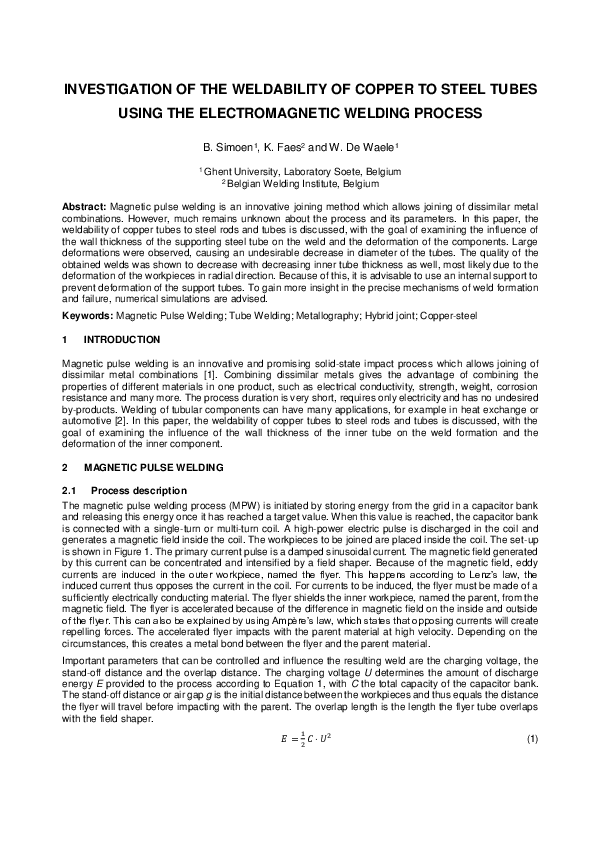 (PDF) Investigation of the weldability of copper to steel tubes using the electromagnetic ...