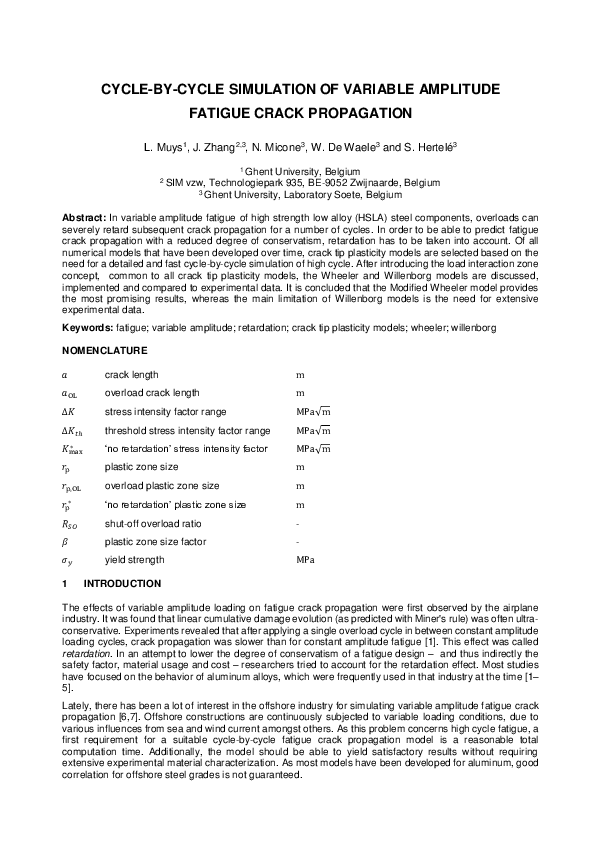 (PDF) Cycle-by-cycle simulation of variable amplitude fatigue crack propagation | Wim De Waele ...