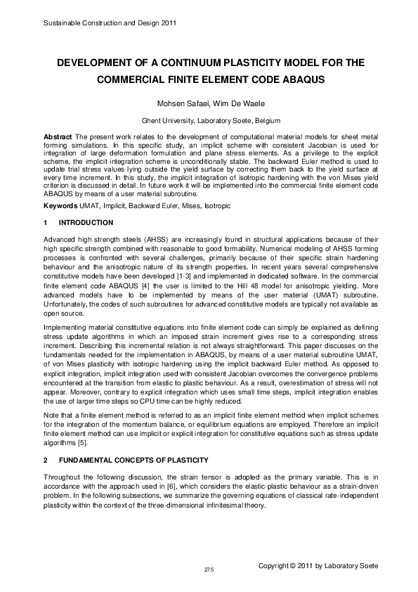 (PDF) Development of a continuum plasticity model for the commercial finite element code ABAQUS