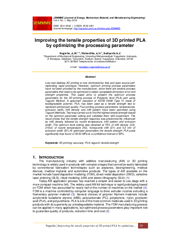 (PDF) Improving the tensile properties of 3D printed PLA by optimizing the processing parameter ...