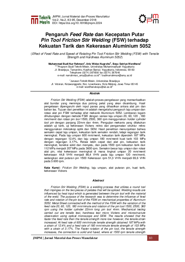 (PDF) Pengaruh Feed Rate dan Kecepatan Putar Pin Tool Friction Stir Welding (FSW) terhadap ...