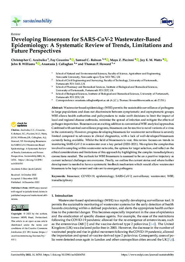(PDF) Developing Biosensors for SARS-CoV-2 Wastewater-Based Epidemiology: A Systematic Review of ...