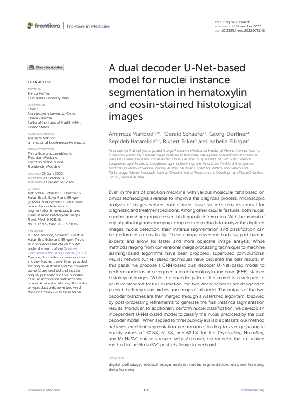 Pdf A Dual Decoder U Net Based Model For Nuclei Instance Segmentation