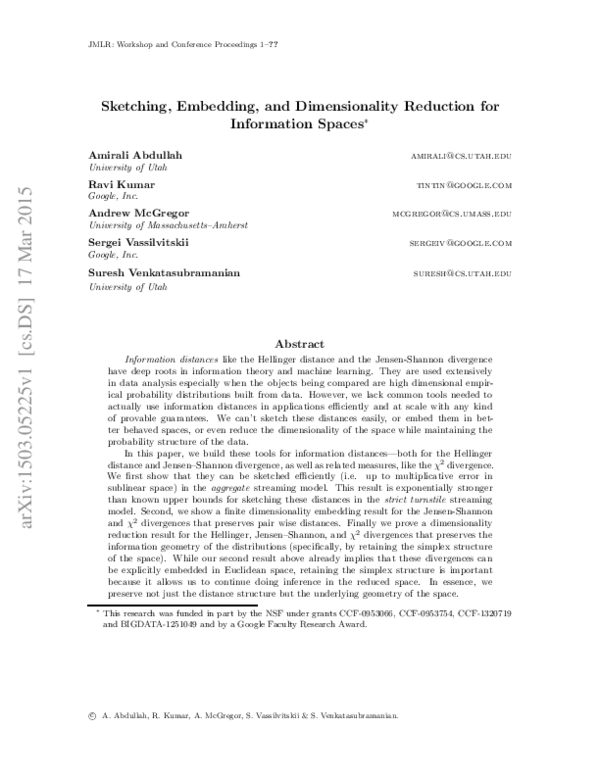 (PDF) Sketching, Embedding, and Dimensionality Reduction for Information Spaces