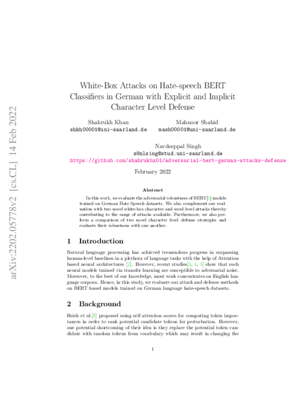 (PDF) White-Box Attacks on Hate-speech BERT Classifiers in German with Explicit and Implicit ...