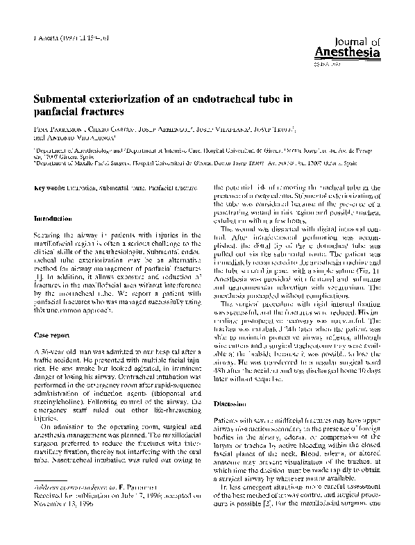 (PDF) Submental exteriorization of an endotracheal tube in panfacial ...
