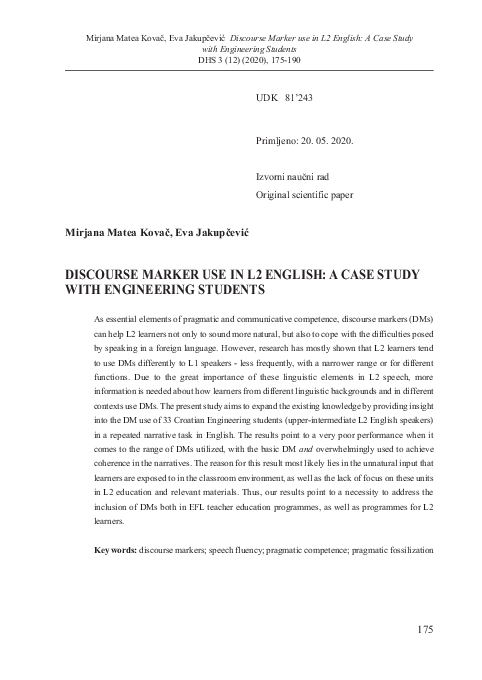 (PDF) Discourse Marker Use in L2 English: A Case Study With Engineering Students