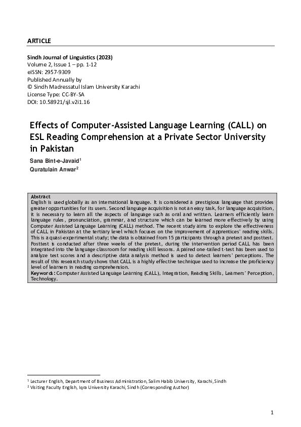 (PDF) Effects of Computer-Assisted Language Learning (CALL) on ESL Reading Comprehension at a ...