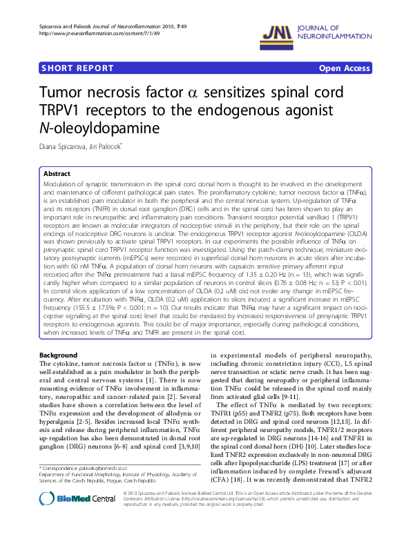 (PDF) Tumor necrosis factor a sensitizes spinal cord TRPV1 receptors to ...