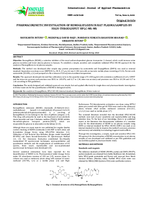 (PDF) PHARMACOKINETIC INVESTIGATION OF REMOGLIFLOZIN IN RAT PLASMA SAMPLES BY HIGH-THROUGHPUT ...