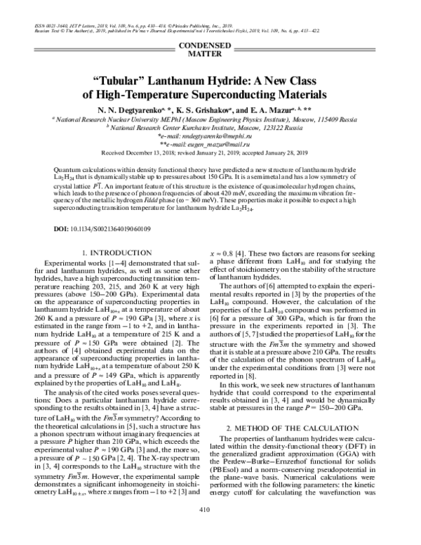 (PDF) “Tubular” Lanthanum Hydride: A New Class of High-Temperature ...