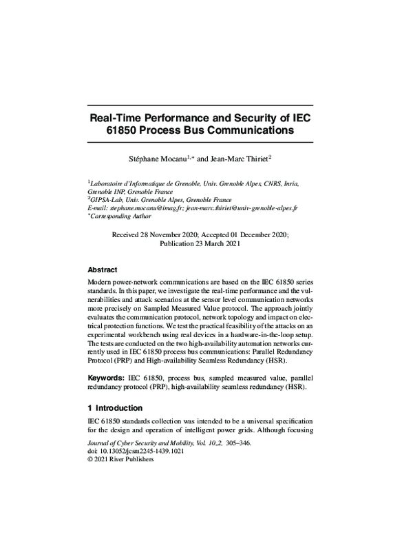 (PDF) Real-Time Performance and Security of IEC 61850 Process Bus Communications