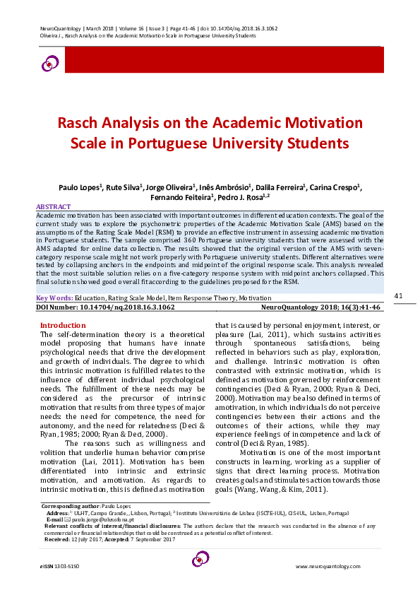Pdf Rasch Analysis On The Academic Motivation Scale In Portuguese