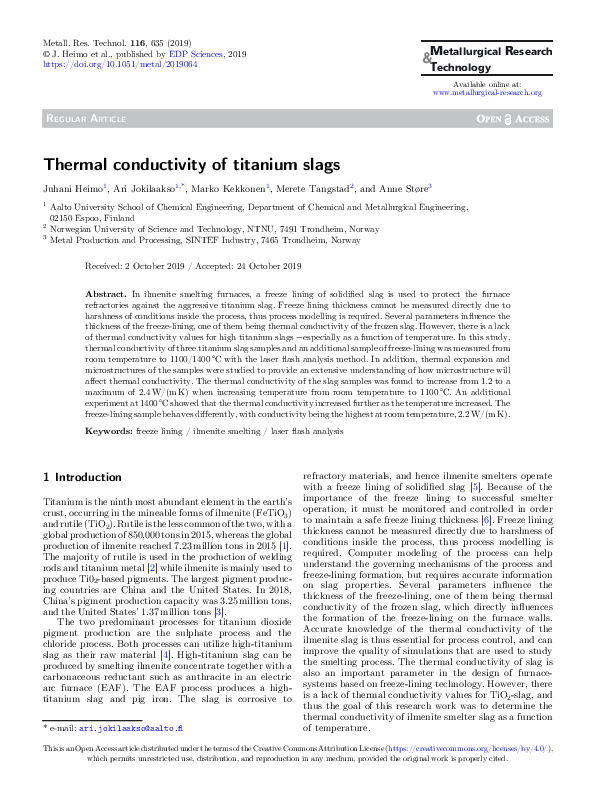 (PDF) Thermal conductivity of titanium slags