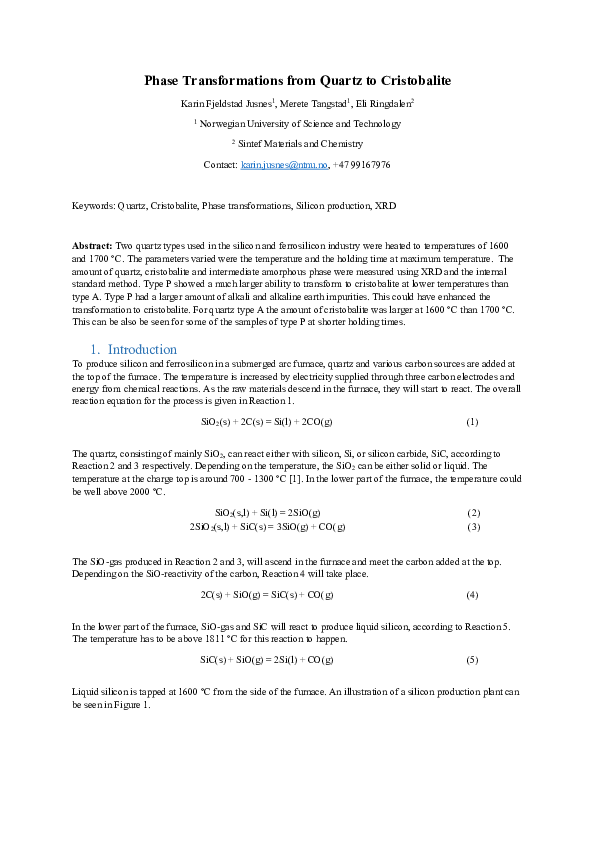 (PDF) Phase Transformations from Quartz to Cristobalite | Merete ...