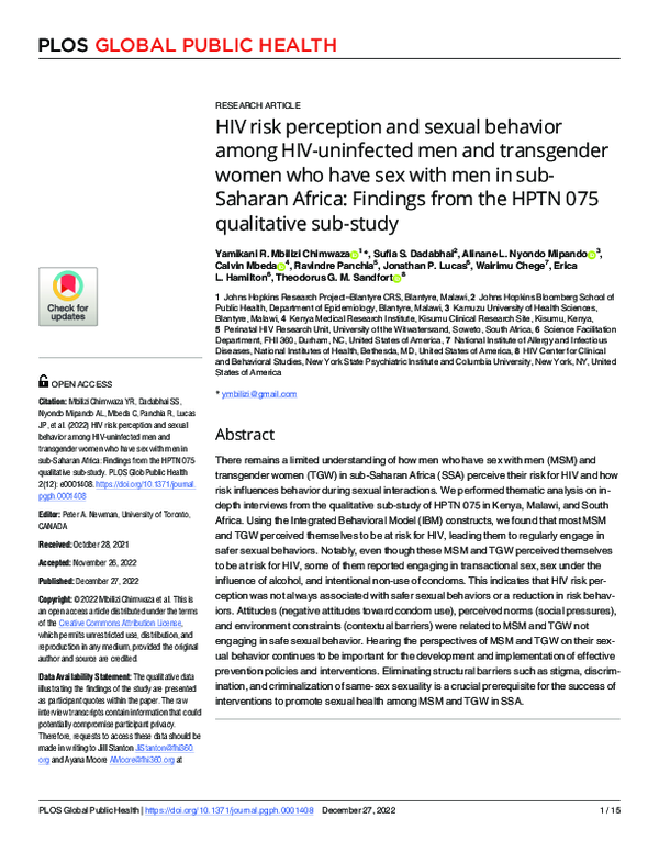 Pdf Hiv Risk Perception And Sexual Behavior Among Hiv Uninfected Men And Transgender Women Who